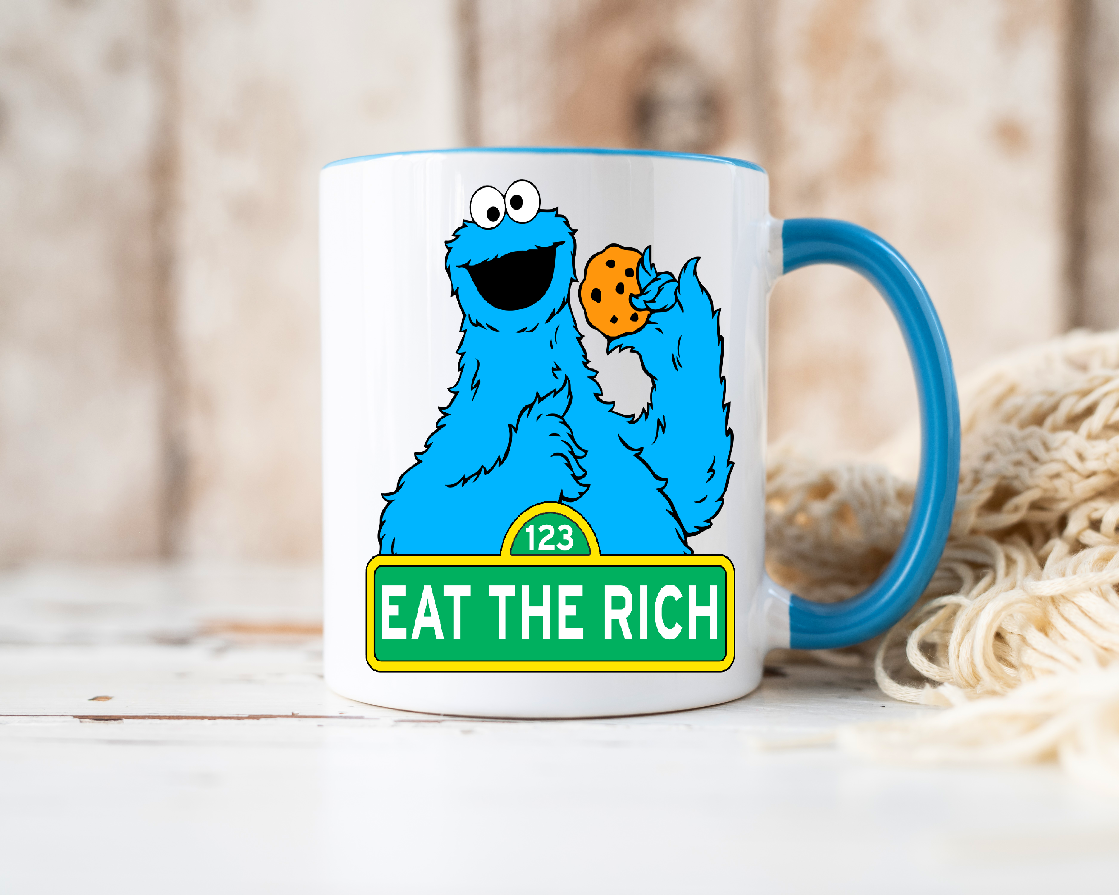 Eat the Rich Mug with Blue Handle – AceThePitmatianCo